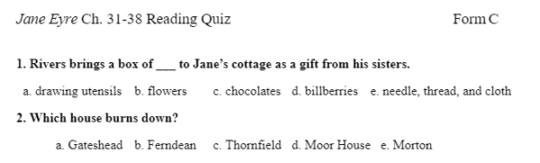 Reading Quizzes on the ENTIRE NOVEL: Bronte's JANE EYRE | Made By Teachers