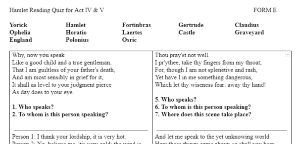 Reading Quizzes for the ENTIRE PLAY: Shakespeare's HAMLET | Made By ...