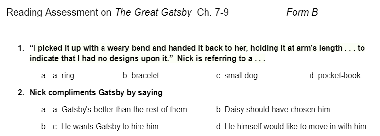 Reading Quizzes for ALL the chapters in Fitzgerald's THE GREAT GATSBY ...