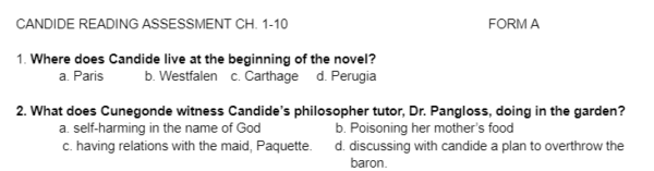 Reading Quizzes for ALL CHAPTERS of Voltaire's CANDIDE | Made By Teachers