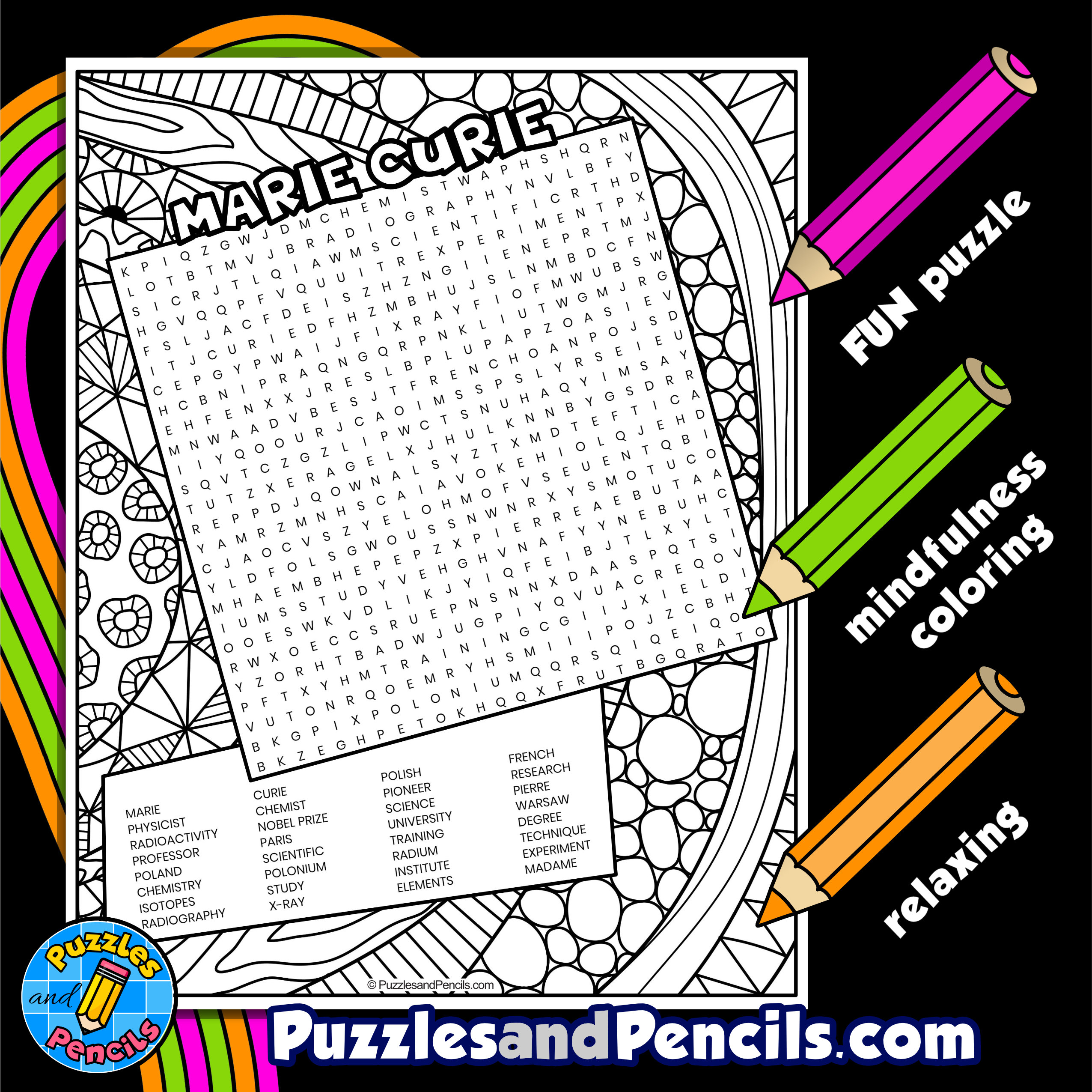 Marie Curie Word Search Puzzle Activity Page with Coloring | Women in ...