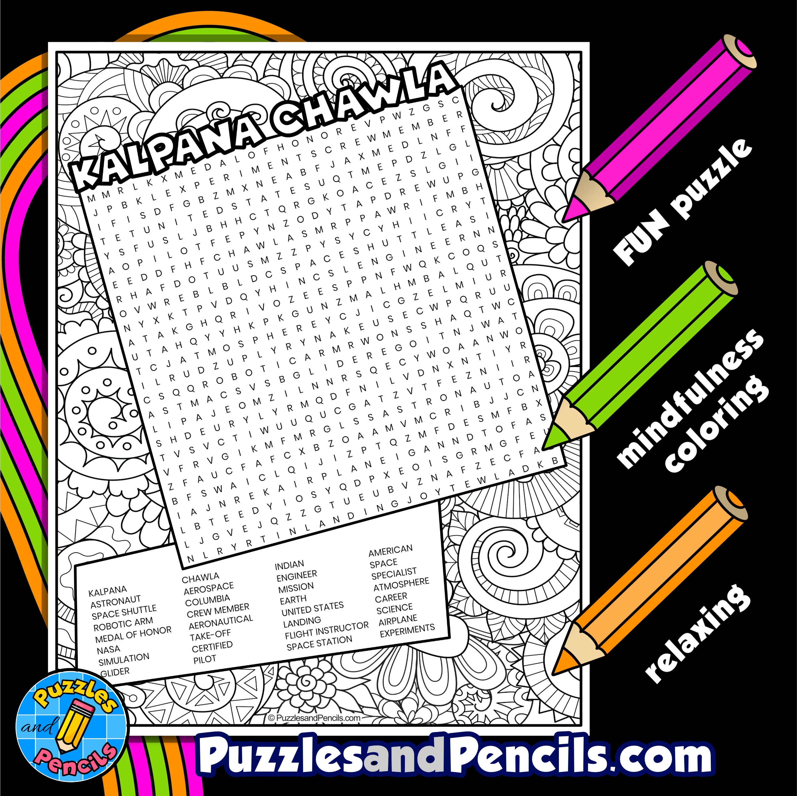 Kalpana Chawla Word Search Puzzle Activity Page with Coloring | Women ...