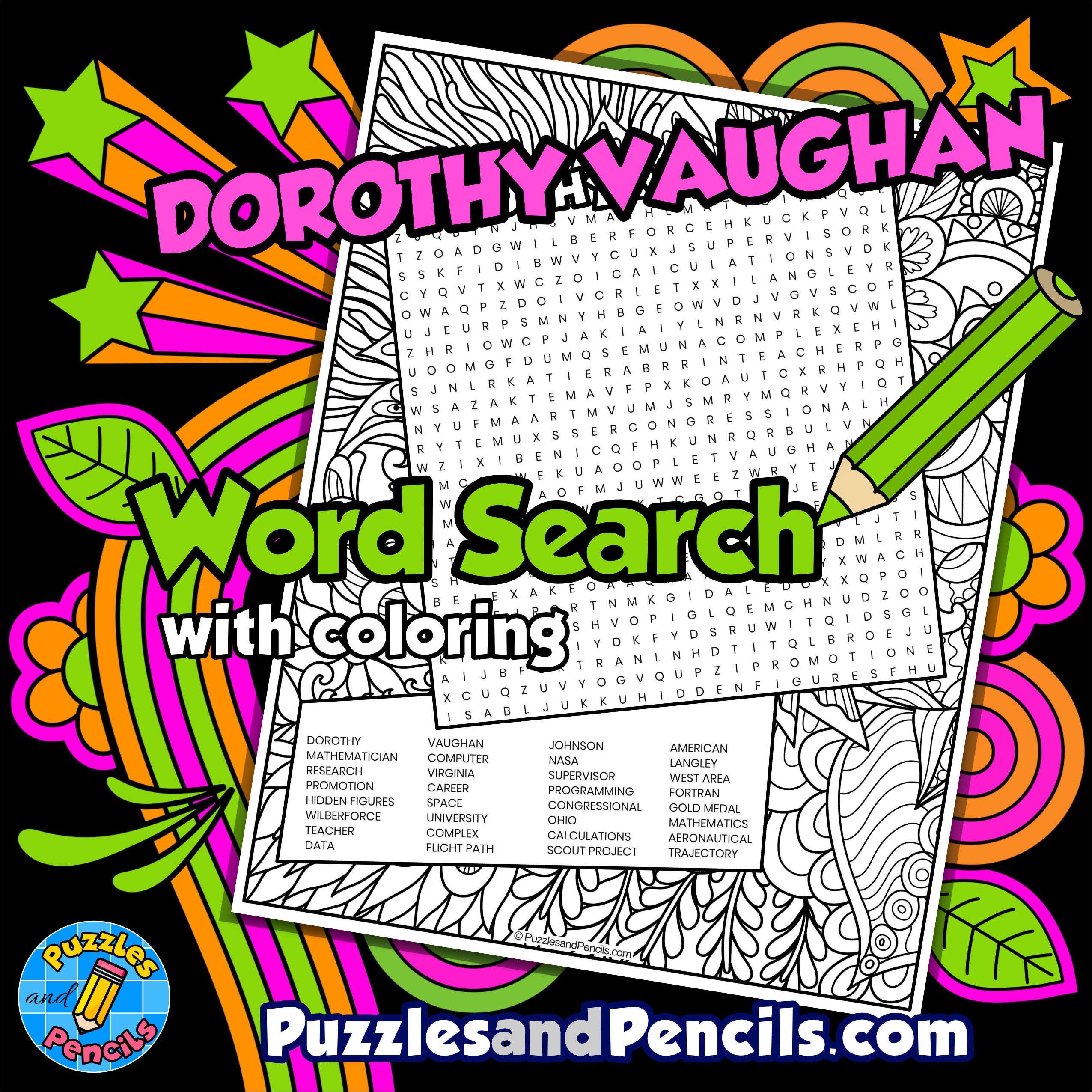 Dorothy Vaughan Word Search Puzzle Activity Page with Coloring | Women ...
