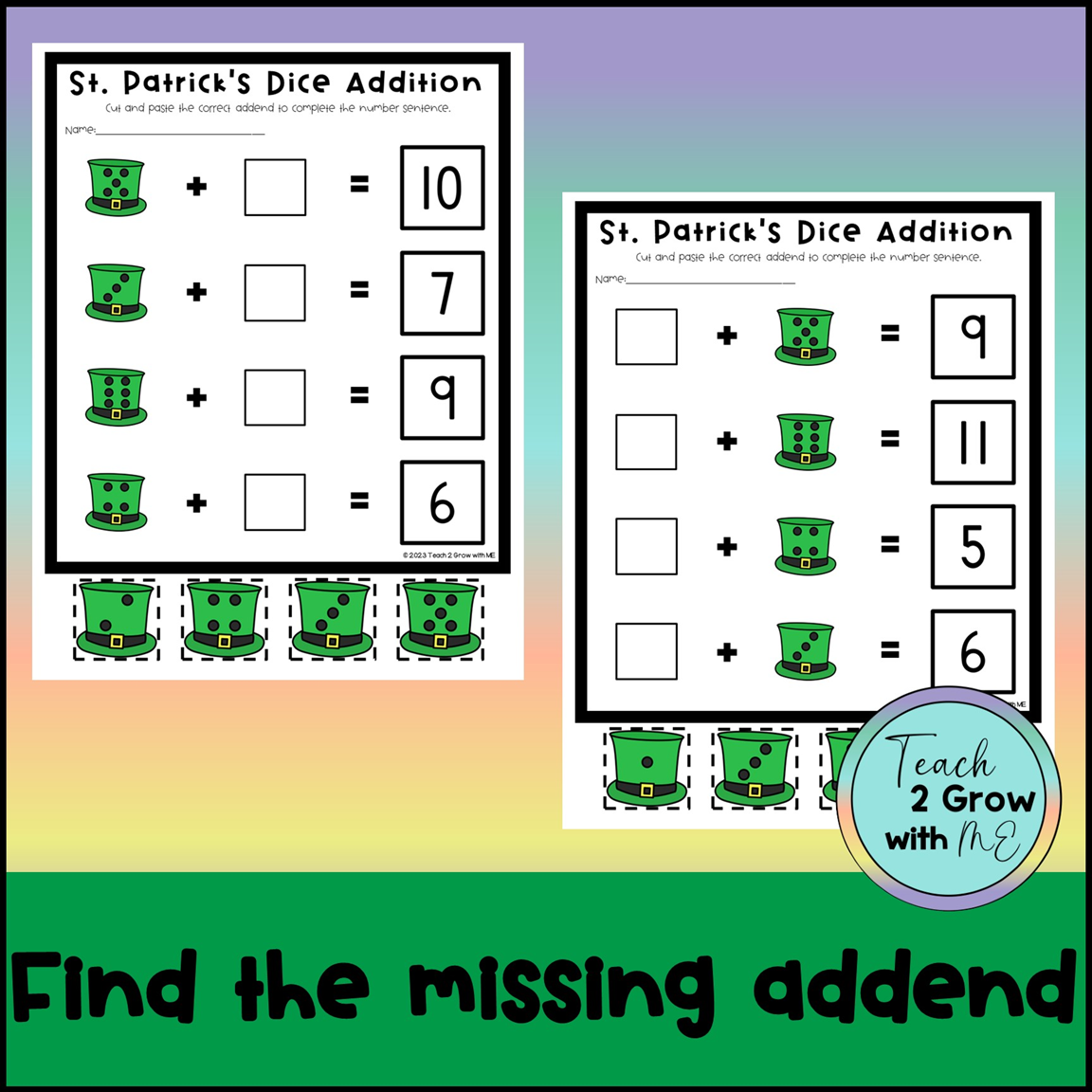 St. Patrick's Day NO PREP Cut and Paste Math Activity Dice Addition to ...