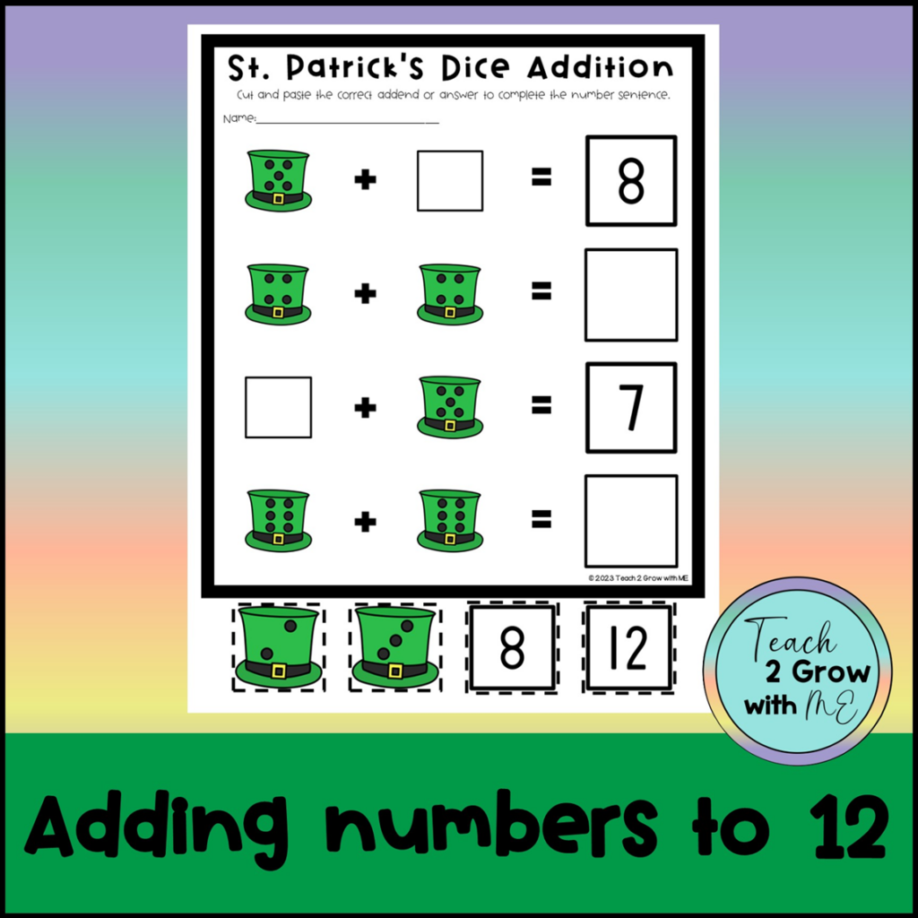 St. Patrick's Day NO PREP Cut and Paste Math Activity Dice Addition to ...