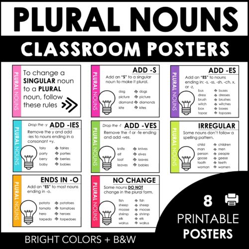 Plural Noun Spelling Rules Classroom Posters - s, es, ies, ves ...