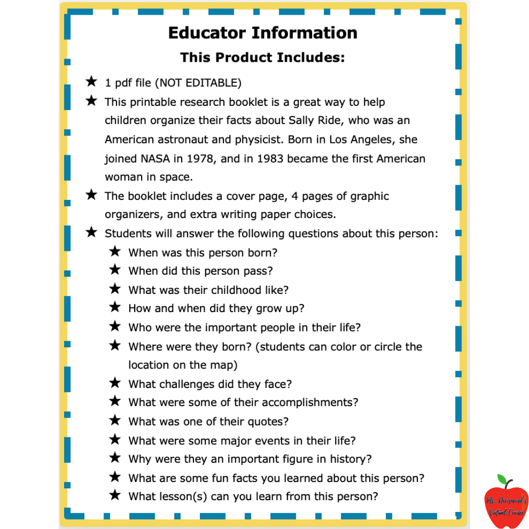 Sally Ride All-About Research Project Graphic Organizer | Biography ...