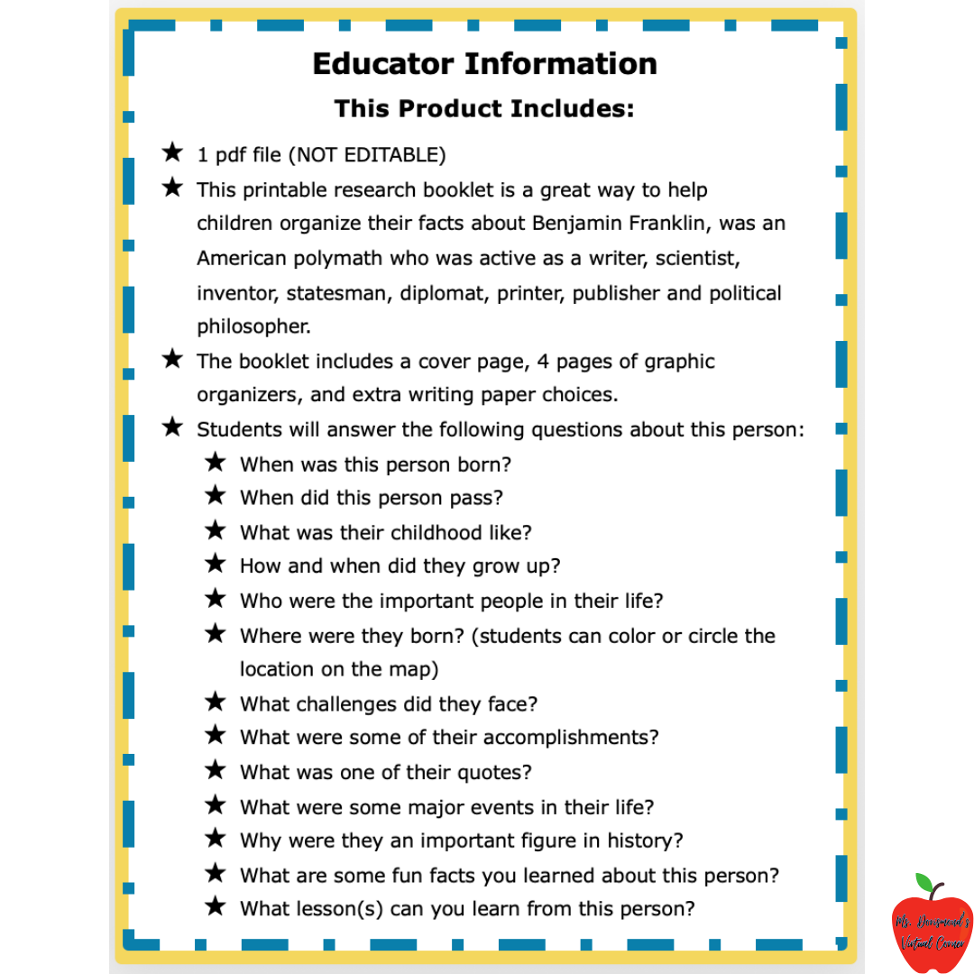 Benjamin Franklin All-About Research Project Graphic Organizer ...