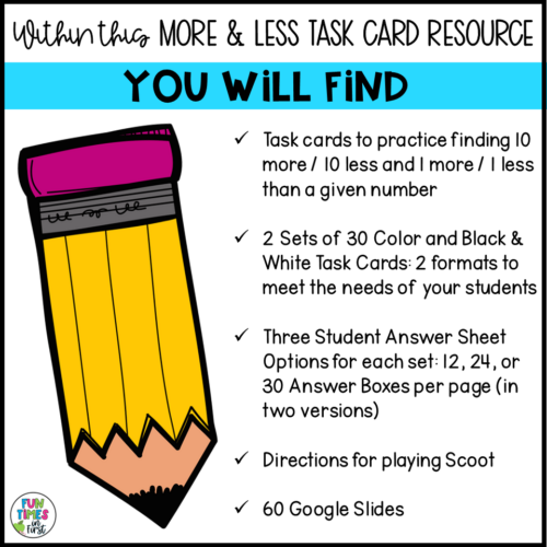 More and Less Math Task Cards: 10 More 10 Less 1 More 1 Less and Google ...