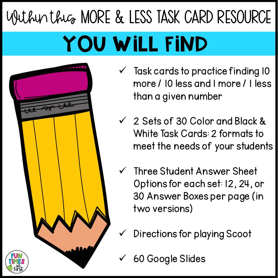 More and Less Math Task Cards: 10 More 10 Less 1 More 1 Less and Google ...
