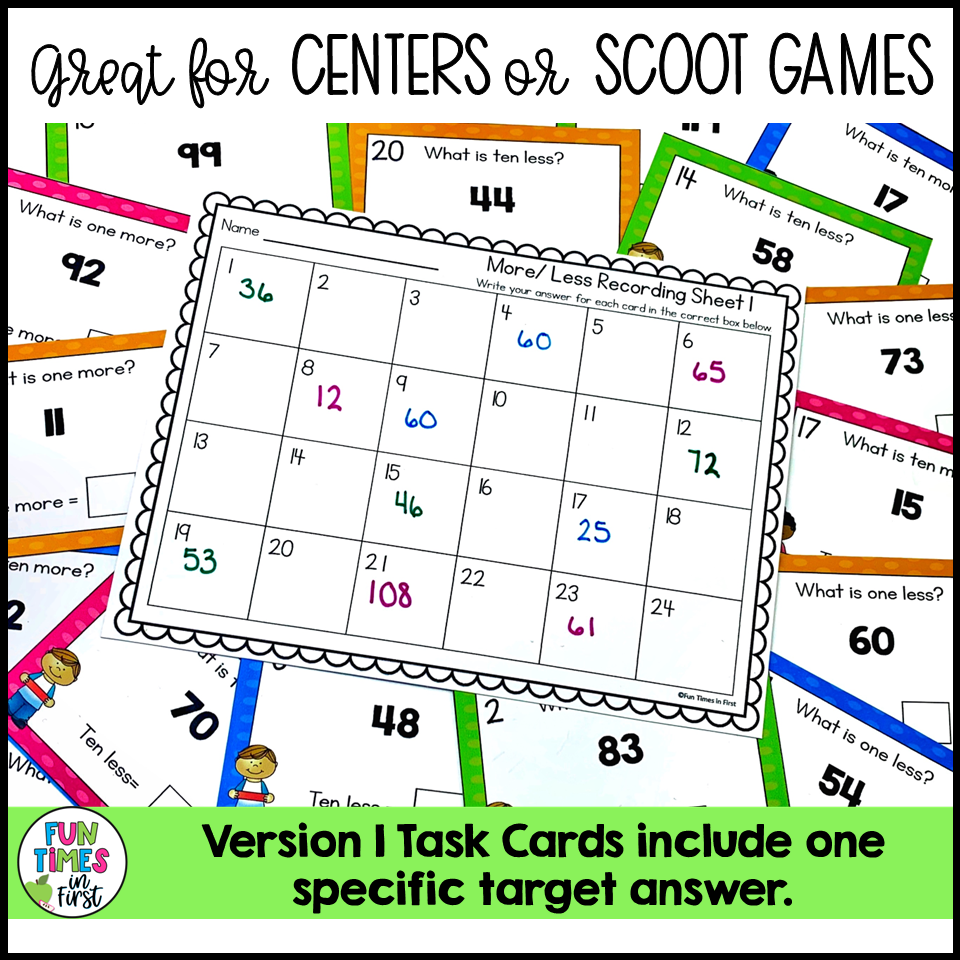 More and Less Math Task Cards: 10 More 10 Less 1 More 1 Less and Google ...