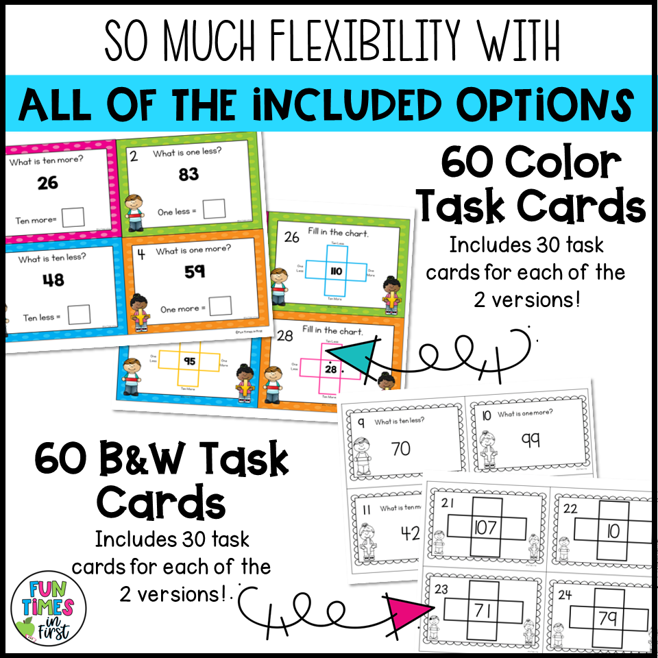 More and Less Math Task Cards: 10 More 10 Less 1 More 1 Less and Google ...