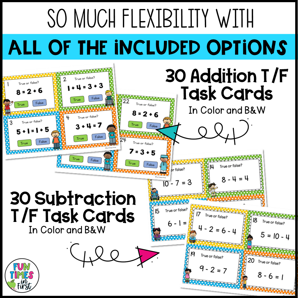 True or False Equation Task Cards: Addition & Subtraction within 10 ...