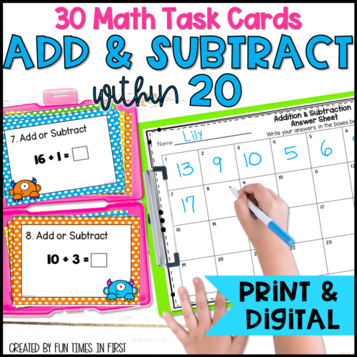 Addition and Subtraction within 20 Math Task Cards plus Digital Google ...