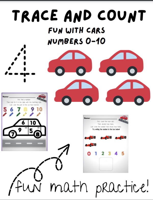 Counting Practice Math Packet Car- Numbers 0-10 counting, tracing ...