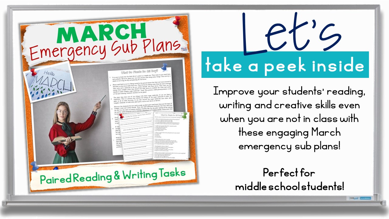 March Emergency Sub Plans Middle School ELA Activities and Worksheets ...