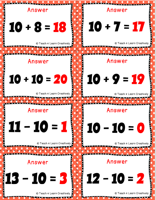 Math Tables 1 to 10 Flash Cards (Front and Back) with Sums to 20 | Made ...