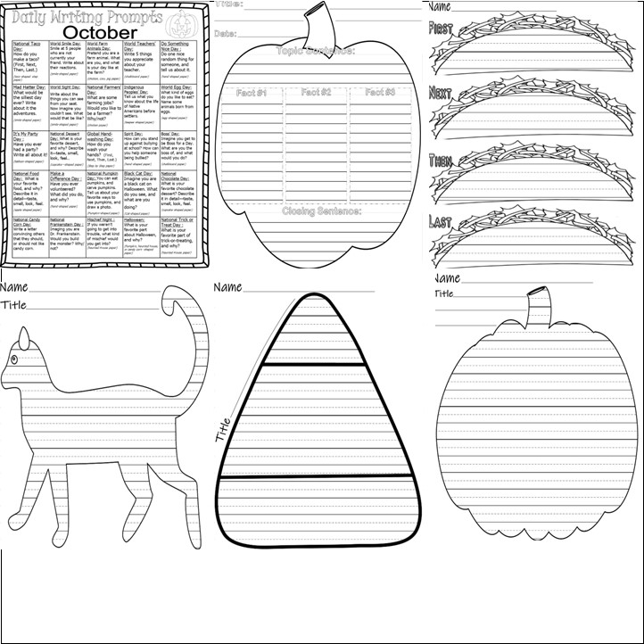October Daily Journal 25 Writing Prompts Varied Theme Shaped Primary ...