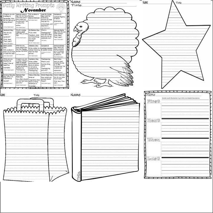November Daily Journal 25 Writing Prompts Varied Theme Shaped Primary ...