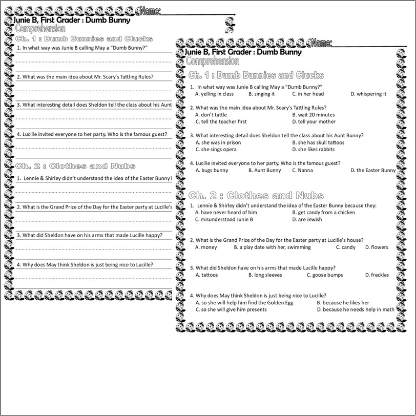 Junie B Jones Dumb Bunny Easter Reading Comprehension Questions Quiz ...