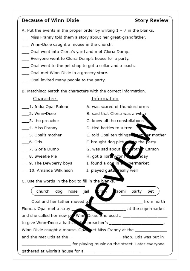 Kate DiCamillo "Because of Winn-Dixie" worksheets | Made By Teachers
