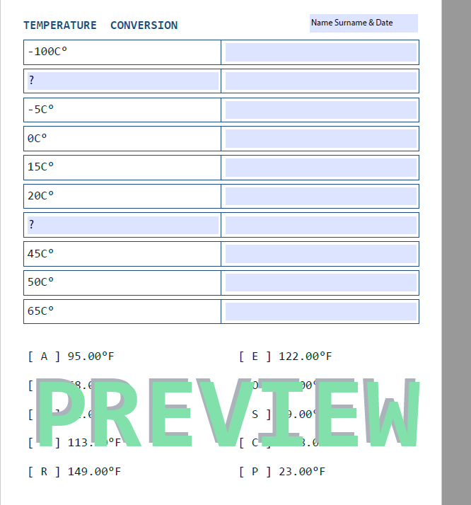 CONVERSION WORKSHEETS | TEMPERATURE | Made By Teachers