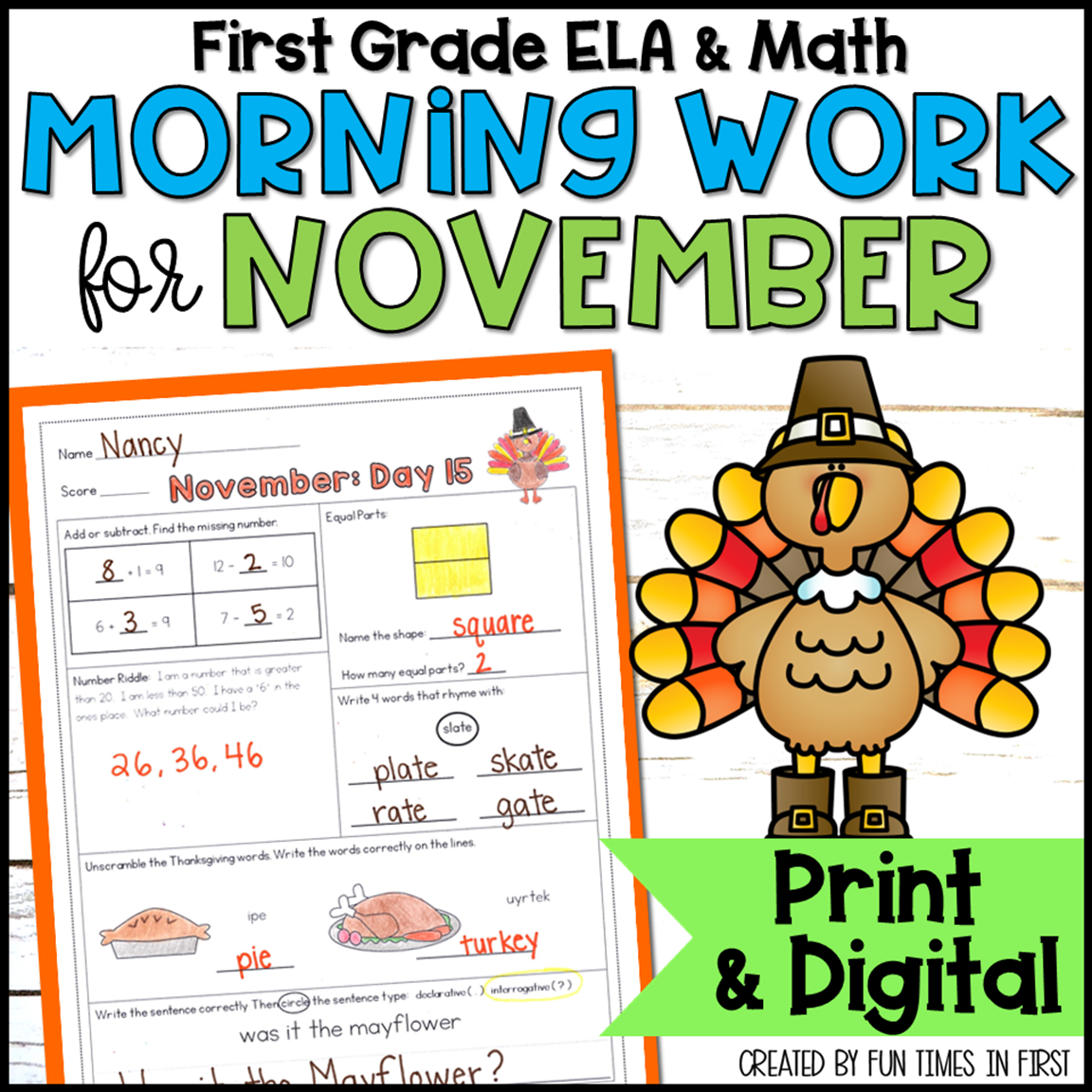 1st Grade November Morning Work Math & ELA Spiral Review - Printable ...