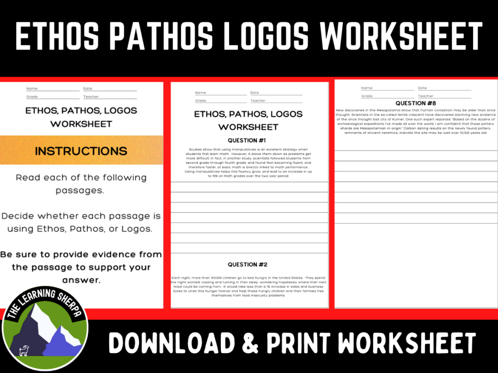 Ethos Pathos Logos ELA Worksheet | High School Rhetoric Worksheet | 9 ...