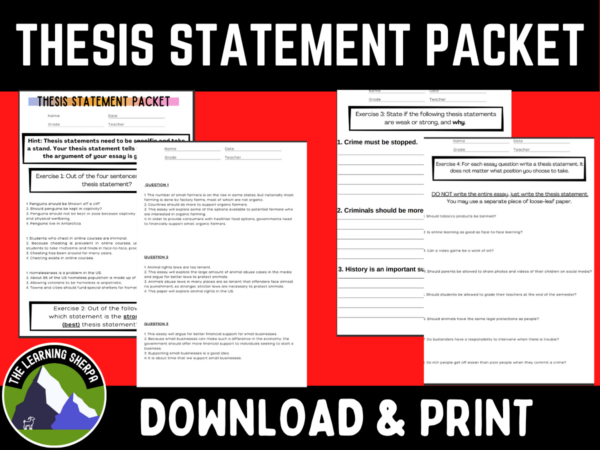 Thesis Statement Practice | High School Worksheet Packet | Grades 9-12 ...
