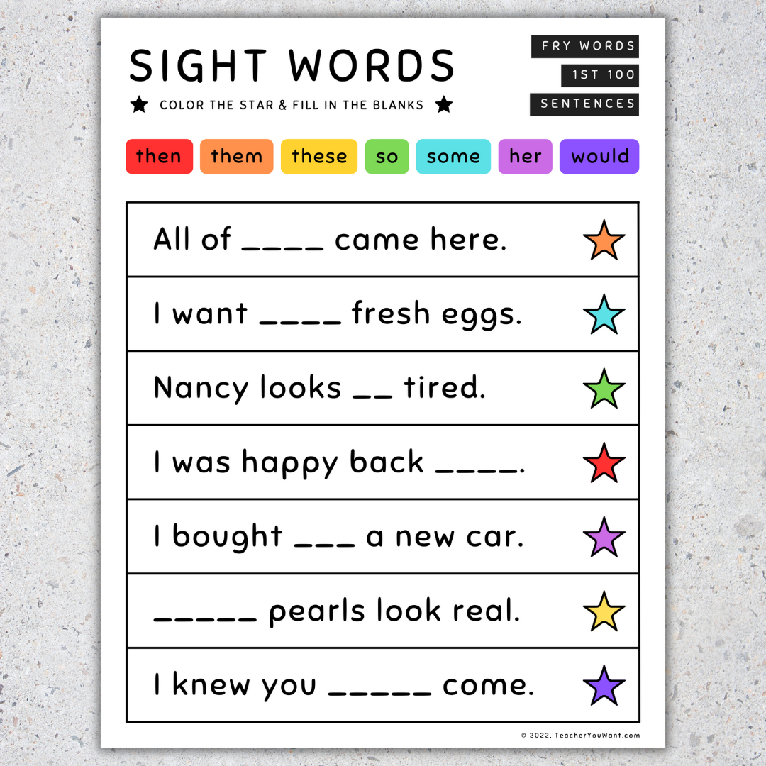 Sight Word Sentences, Fill in the Blanks, Fry's 1st 100 - SET 7 | Made ...