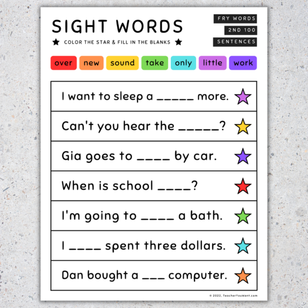 Sight Word Sentences, Fill in the Blanks, Fry's 2nd 100 - SET 7 | Made ...