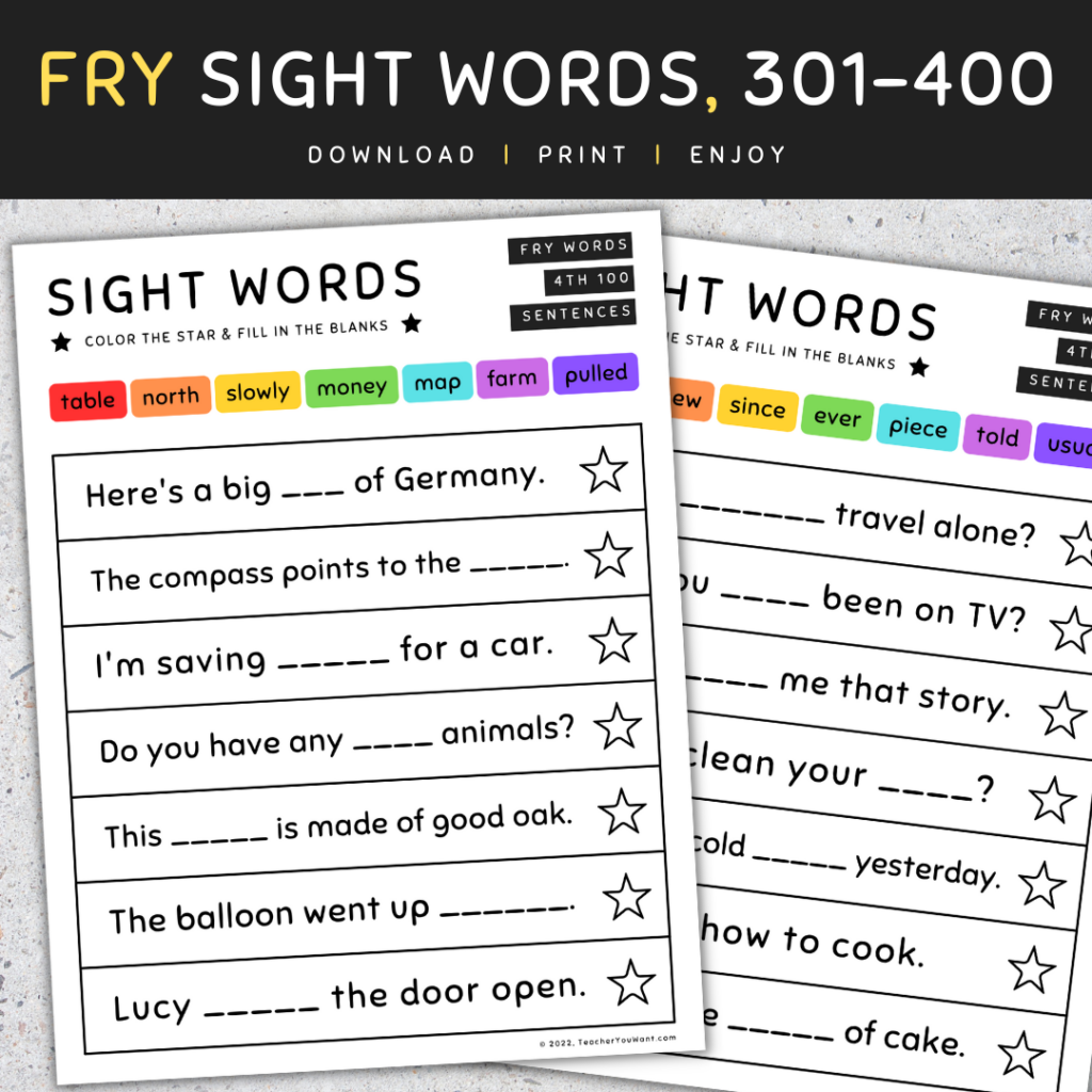 Sight Word Sentences, Fill in the Blanks, Fry's 4th 100 - SET 7 | Made ...