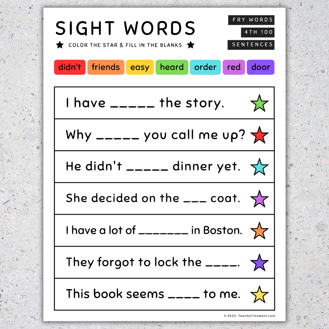 Sight Word Sentences, Fill in the Blanks, Fry's 4th 100 - SET 7 | Made ...