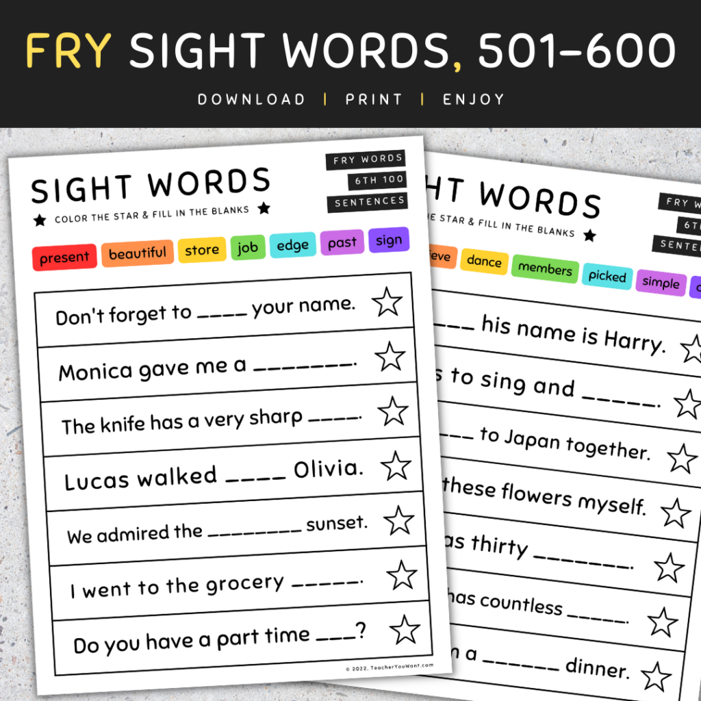 Sight Word Sentences, Fill in the Blanks, Fry's 6th 100 - SET 7 | Made ...