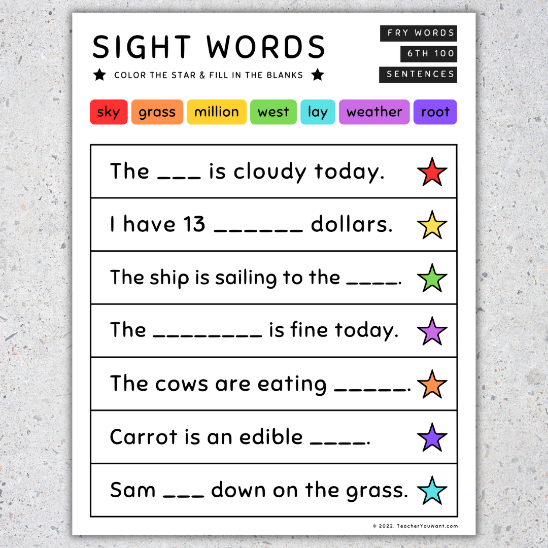 Sight Word Sentences, Fill in the Blanks, Fry's 6th 100 - SET 7 | Made ...