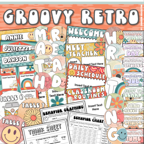 Groovy Retro Class Decor Bundle (Behavior Chart, Name Plates, Labels ...