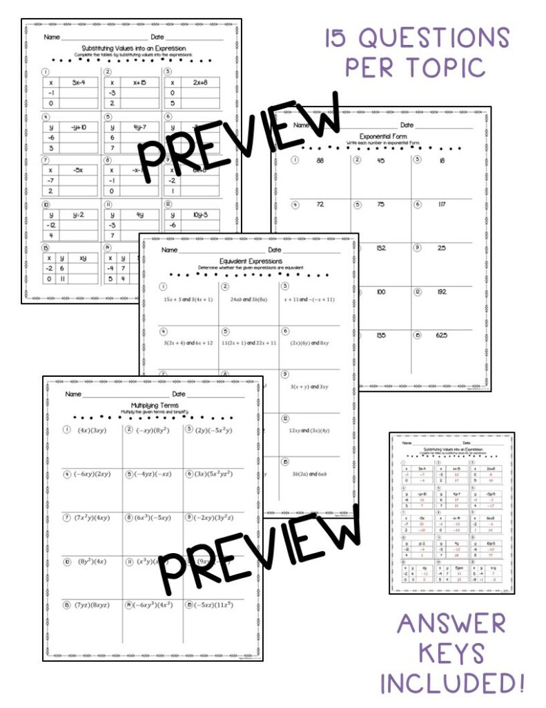 Variables, Terms, and Expressions - Editable Student Practice Pages ...