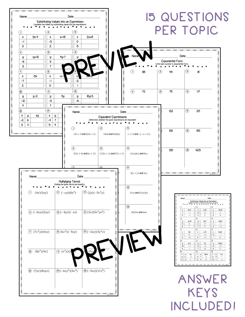 Variables, Terms, and Expressions - Editable Student Practice Pages ...