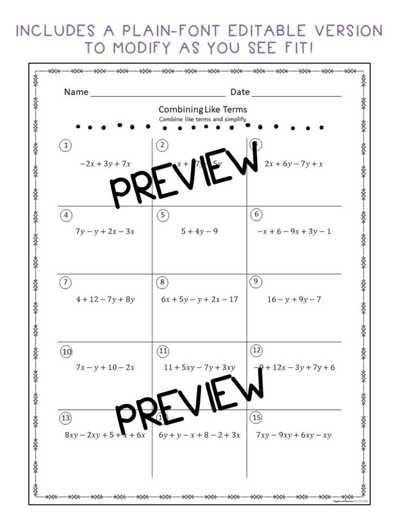 Variables, Terms, and Expressions - Editable Student Practice Pages ...