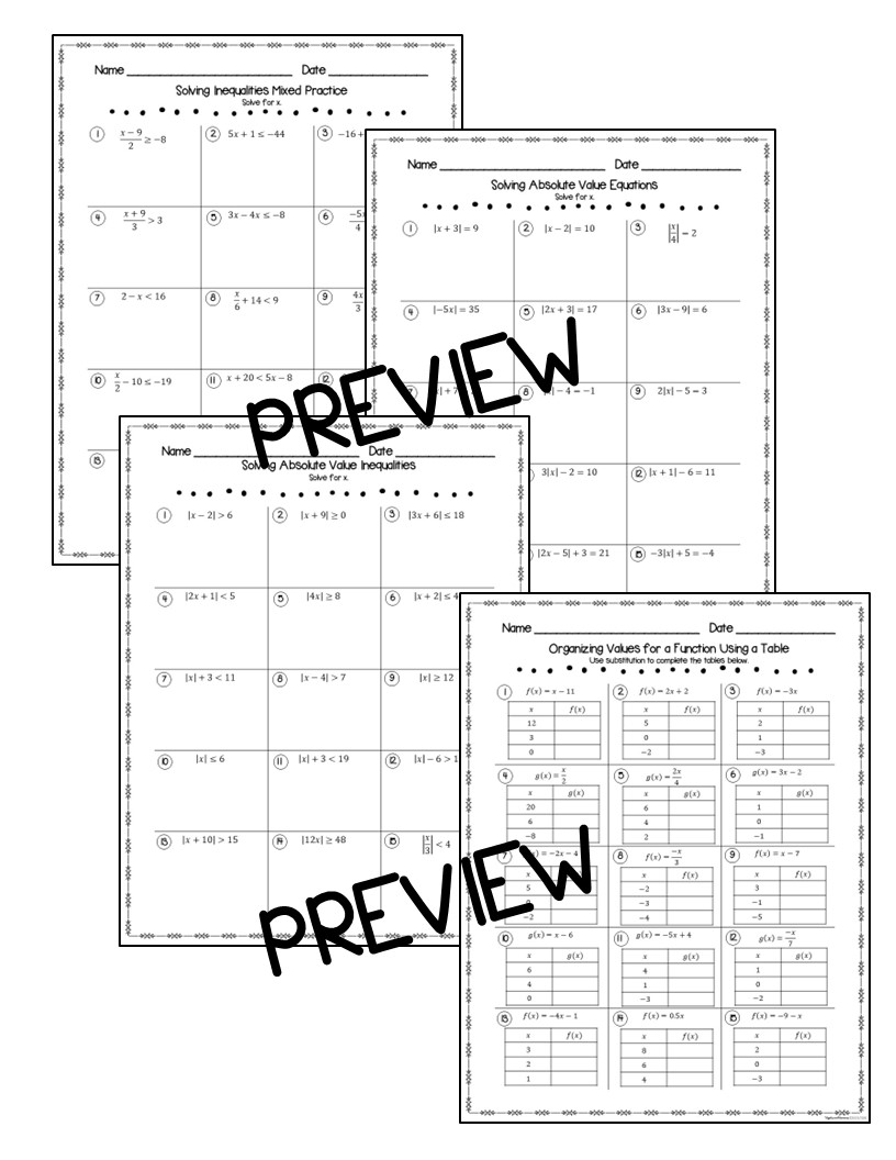 Equations, Inequalities, and Functions - Editable Student Practice ...