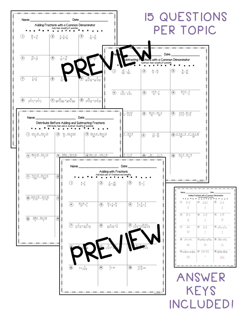 Adding and Subtracting Rational Expressions - Editable Student Practice ...