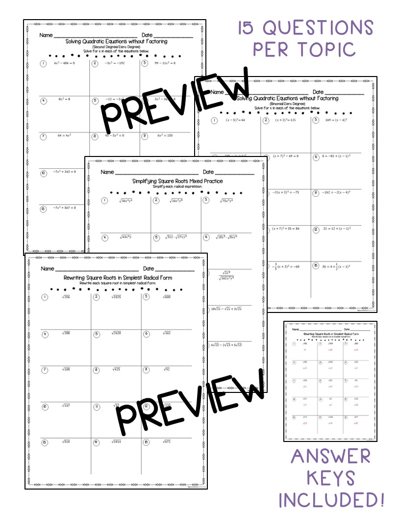 Square Roots and Quadratic Functions - Editable Student Practice Pages ...