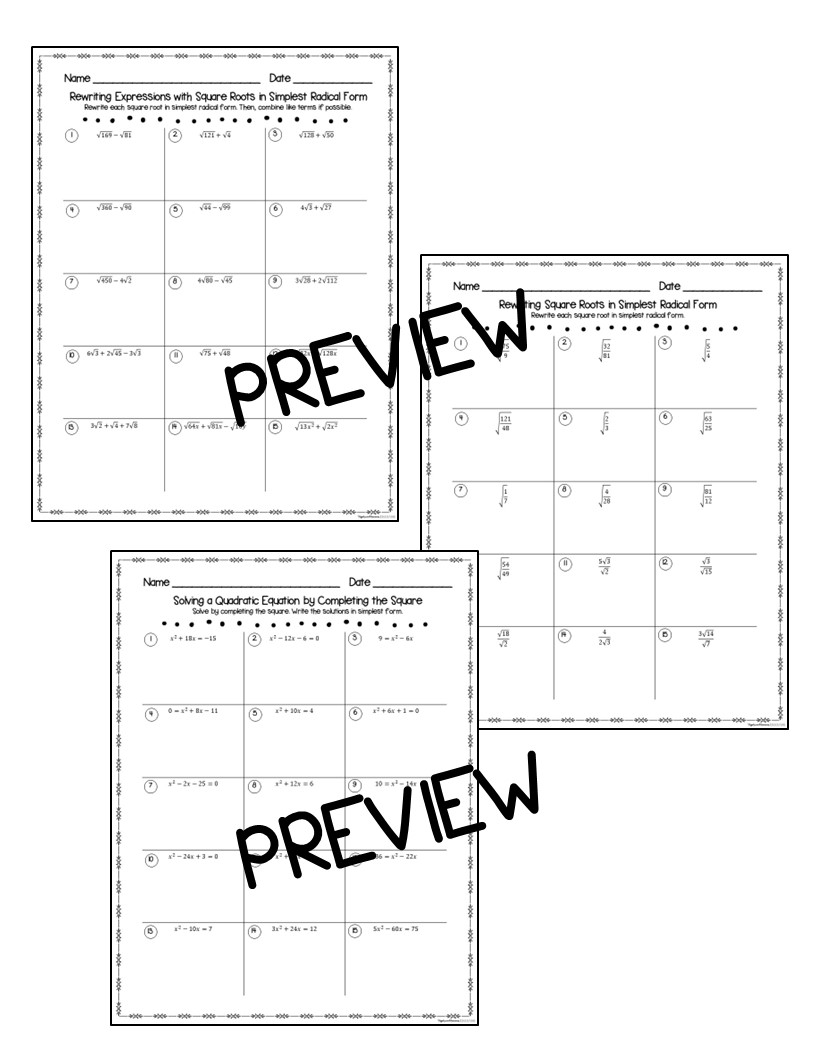 Square Roots and Quadratic Functions - Editable Student Practice Pages ...