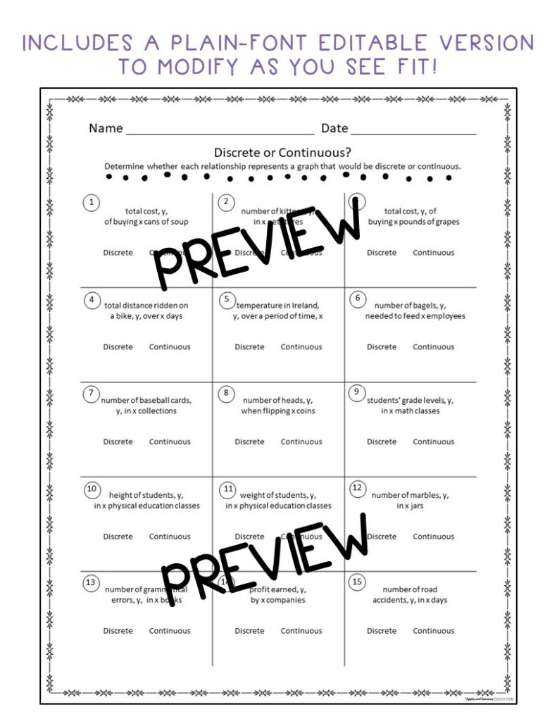 Discrete and Continuous Functions - Editable Student Practice Pages ...