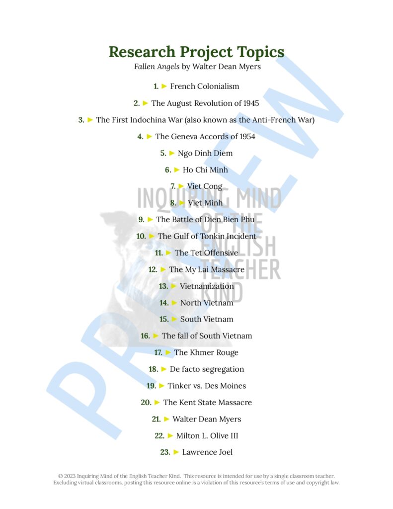 Fallen Angels by Walter Dean Myers and the Vietnam War - Research ...