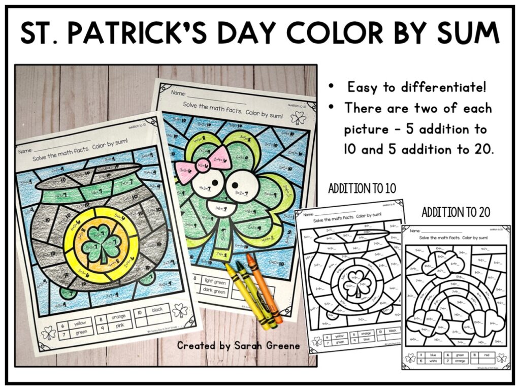 St. Patrick's Day Addition Color by Number | Made By Teachers