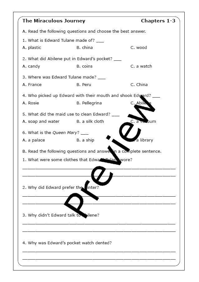 Kate DiCamillo "The Miraculous Journey of Edward Tulane" worksheets ...