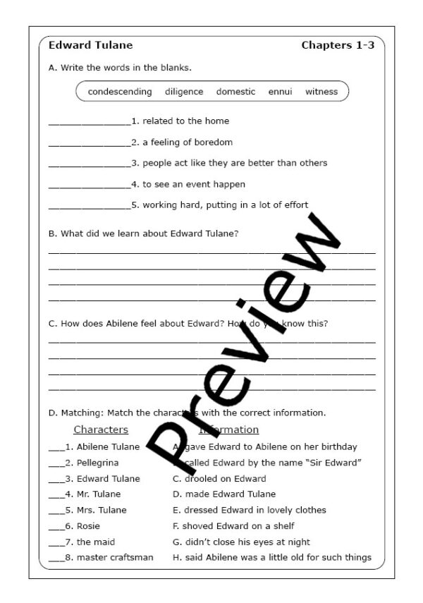 Kate DiCamillo "The Miraculous Journey of Edward Tulane" worksheets ...