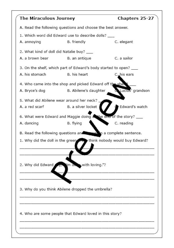 Kate DiCamillo "The Miraculous Journey of Edward Tulane" worksheets ...