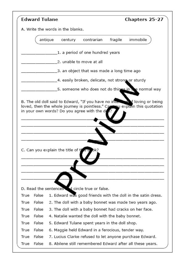 Kate DiCamillo "The Miraculous Journey of Edward Tulane" worksheets ...